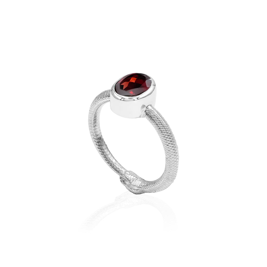 Starborn Garnet Ouroboros Faceted Oval Ring in Fine Sterling Silver