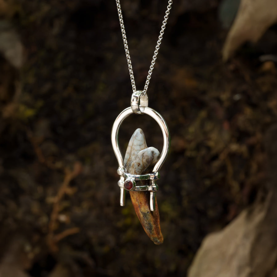 Starborn Fossil Cave Bear Tooth Pendant with Garnet Accent in Sterling